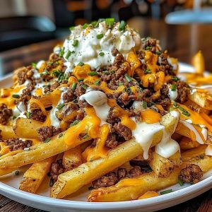 Loaded Fries with Ground Beef Cheddar and Sour Cream – Easy Cooking